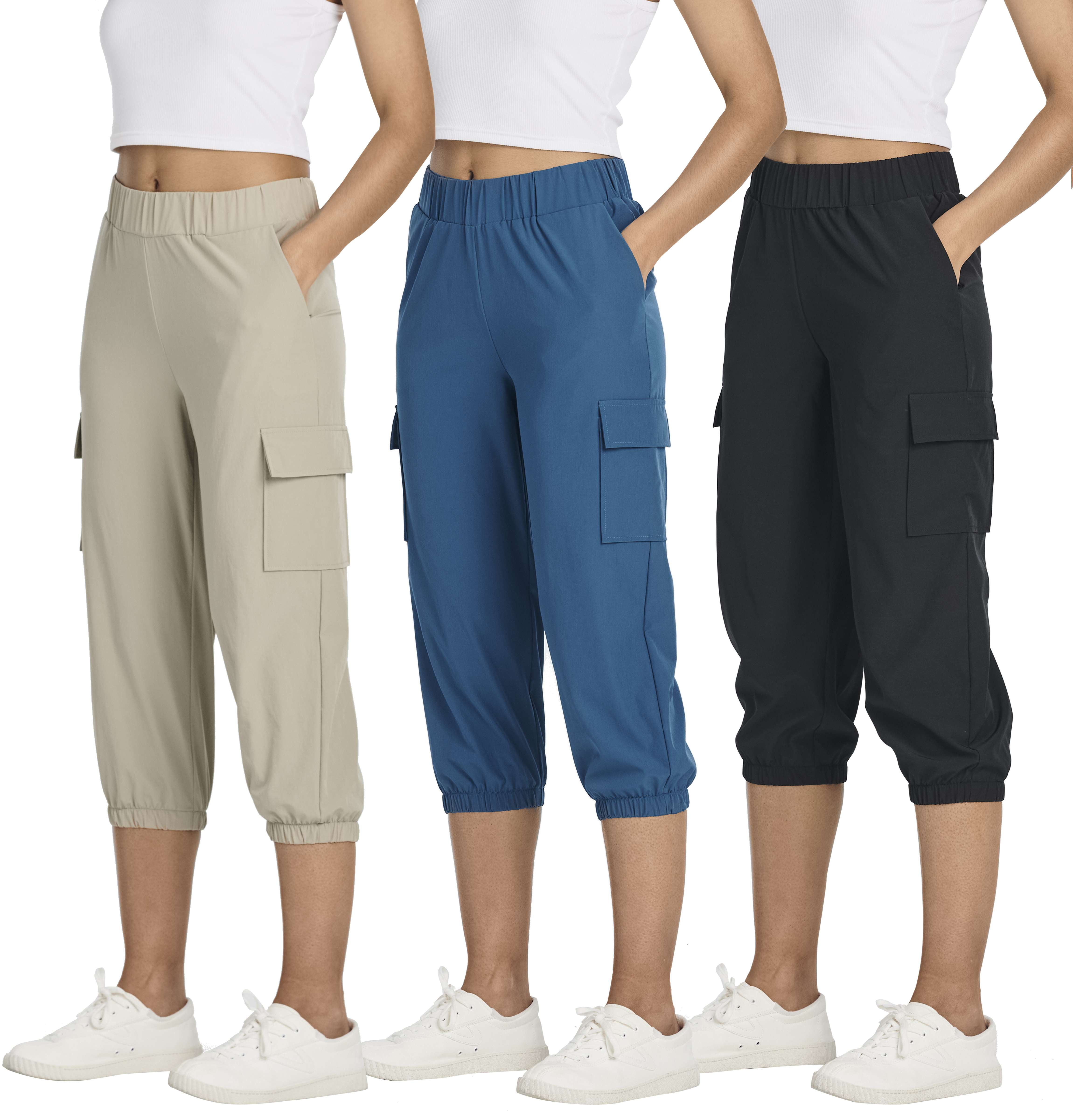 3 Pack:Women's Woven Cargo Capri Jogger Pants Tactical Hiking 5 Pockets ...