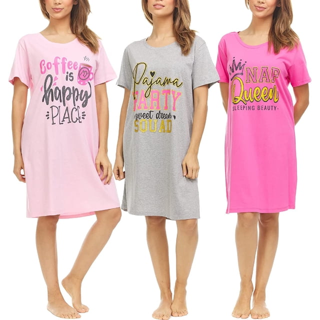 3 Pack: Womens 100% Cotton Night Gowns - Soft Printed Short Sleeve ...