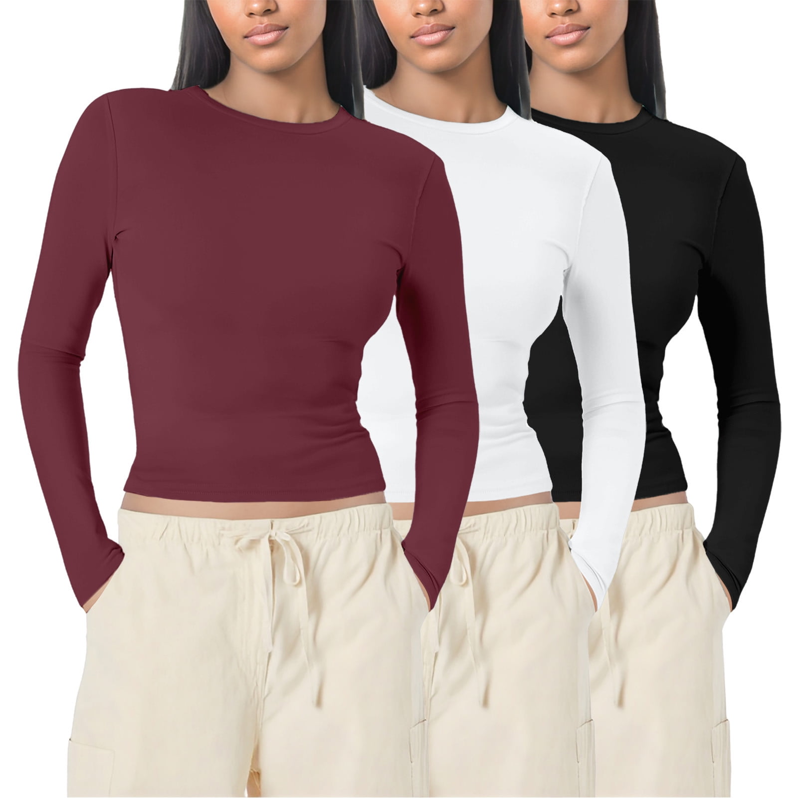 3 Pack Womens Basic Long Sleeve Crew Neck T Shirt Tees Summer 2025 Y2k Going Out Fitted Top Cute ...
