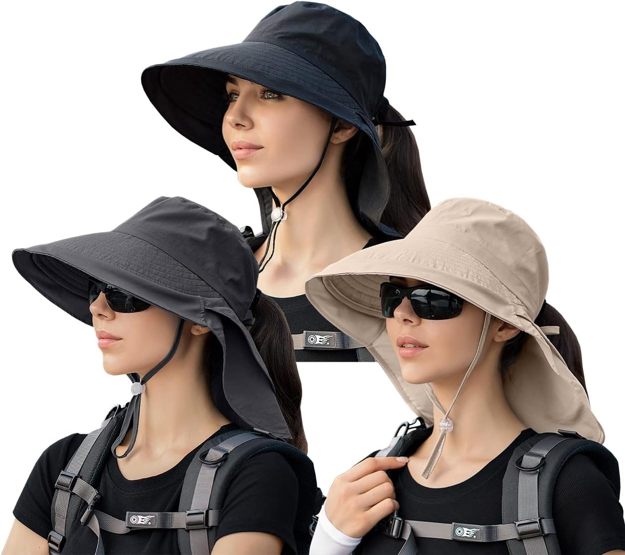 3 Pack Womens Ponytail Sun Hat with Flap Wide Brim UV Protection Bucket ...
