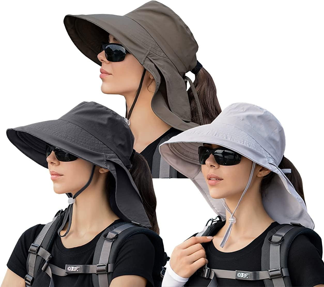 3 Pack Womens Ponytail Sun Hat with Neck Flap Wide Brim UV Protection ...