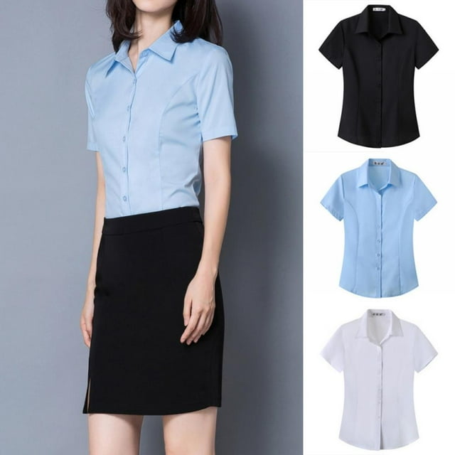3 Pack Womens Short Sleeve Button Down Shirts Official Collar Blouse ...