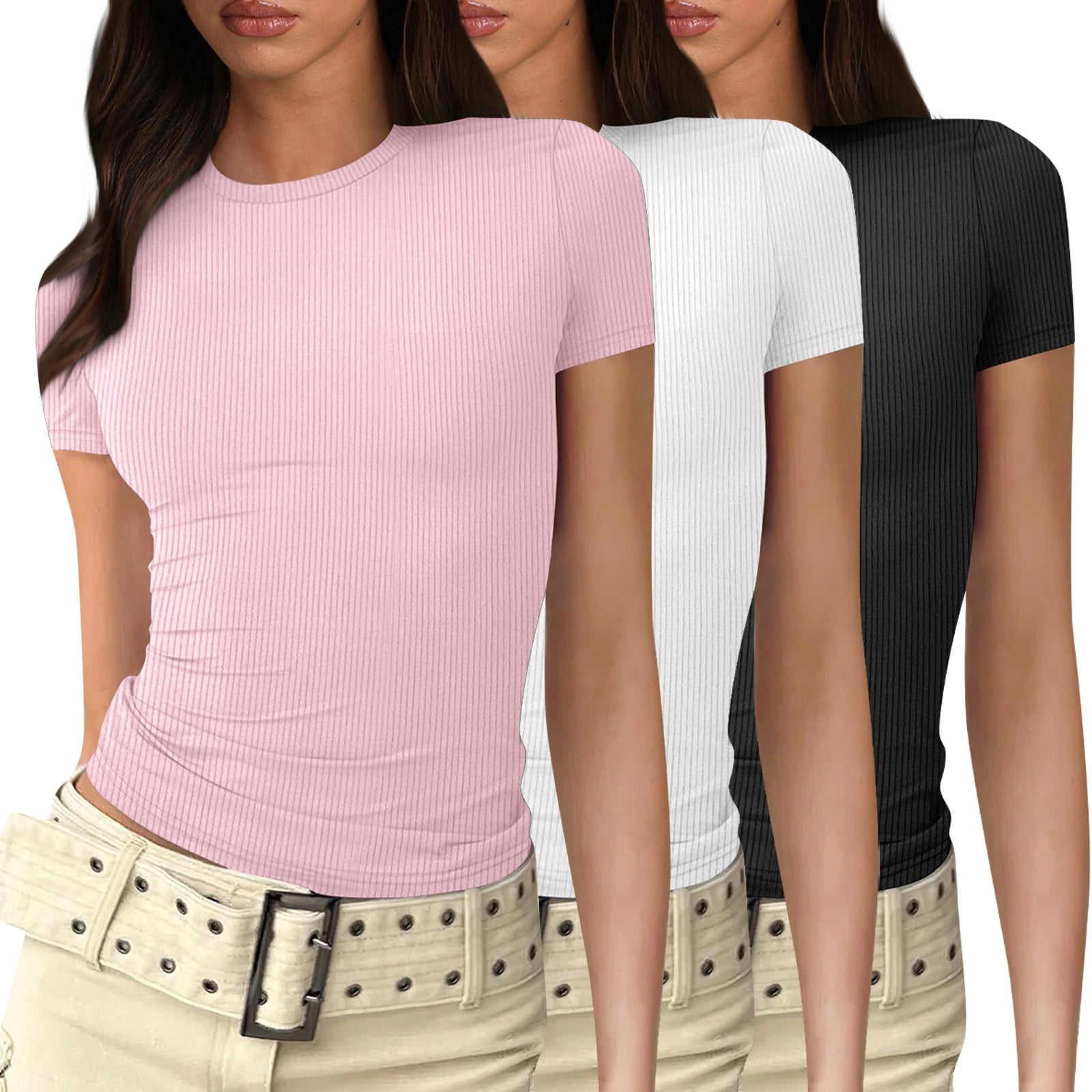 3 Pack Womens Short Sleeve Crop Tops Sheer Slim Fitted Thermal Trendy ...