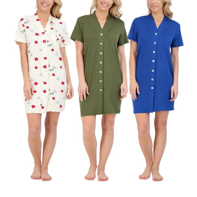3 Pack: Womens Short Sleeve Full Button-Down Henley Nightshirt ...