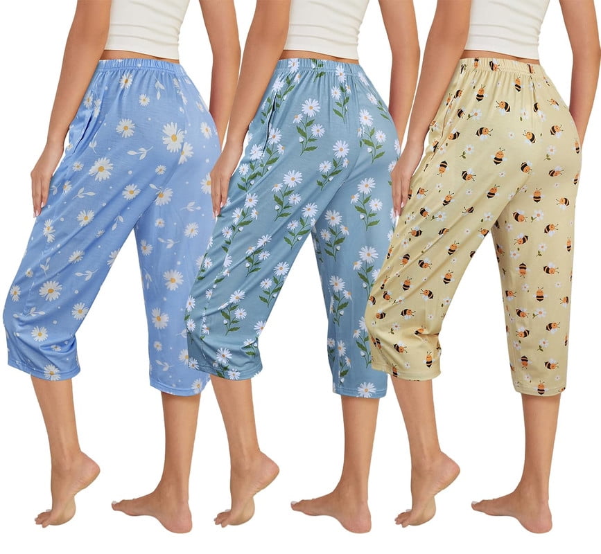 3 Pack Womens Ultra-Soft Capri Pajama Pants Elastic Waistband Sleepwear ...