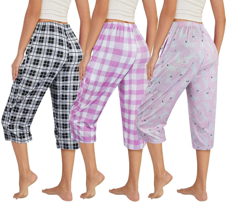 3 Pack Womens Ultra-Soft Capri Pajama Pants Elastic Waistband Sleepwear ...
