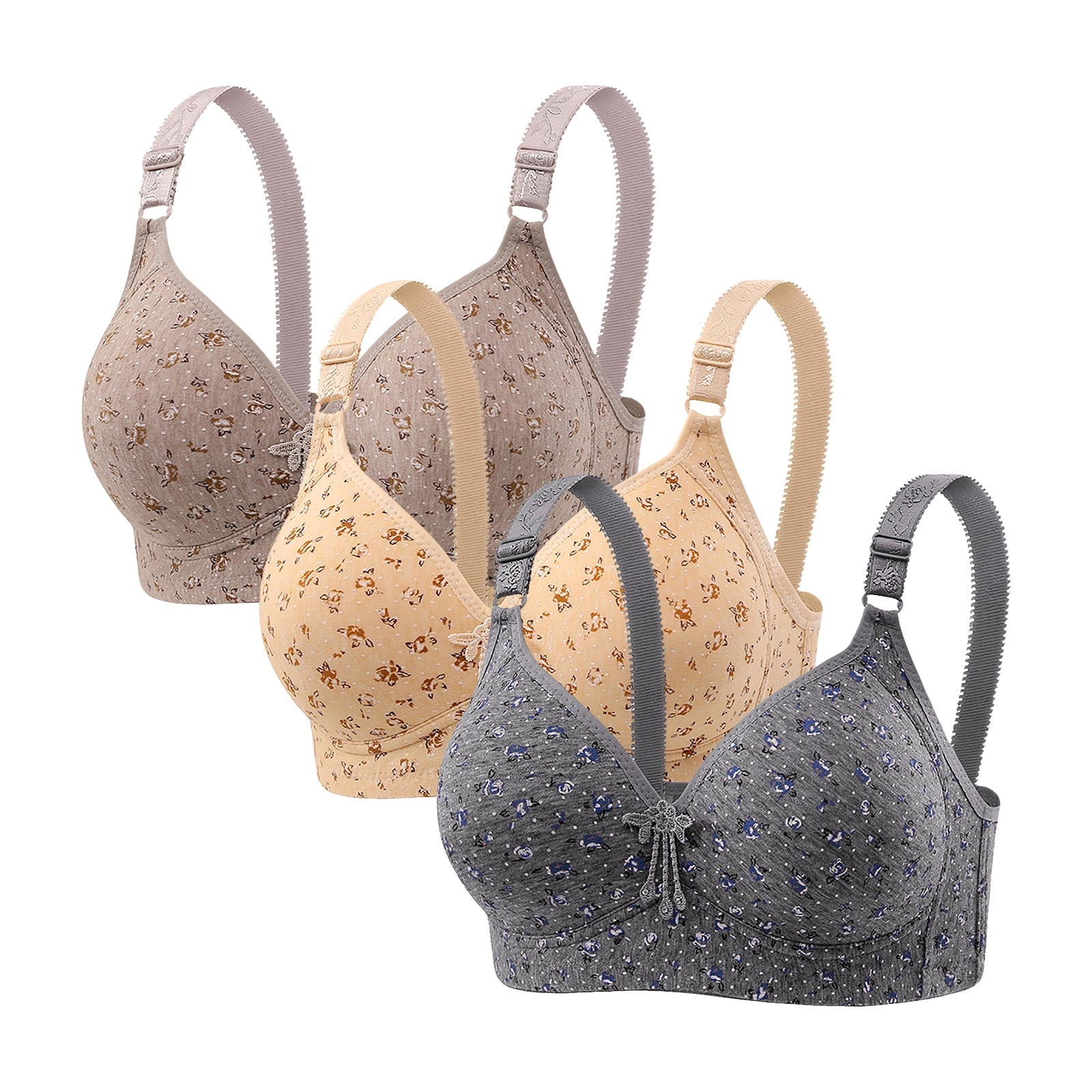 3 Pack Womens Wireless Bras Floral Printed Plus Size Full-Coverage ...