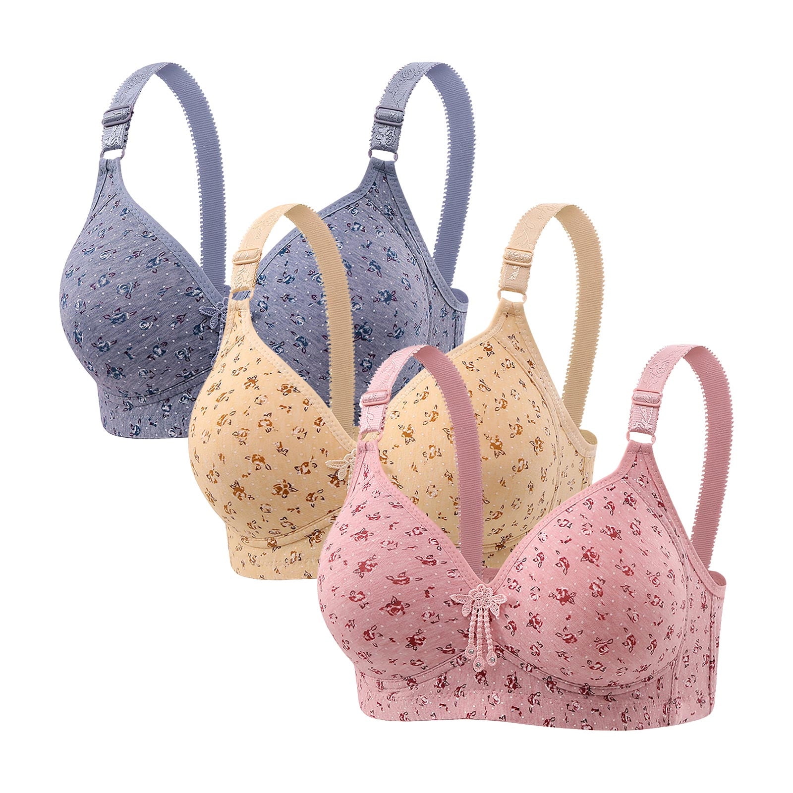 3 Pack Womens Wireless Bras Floral Printed Plus Size Full-Coverage ...