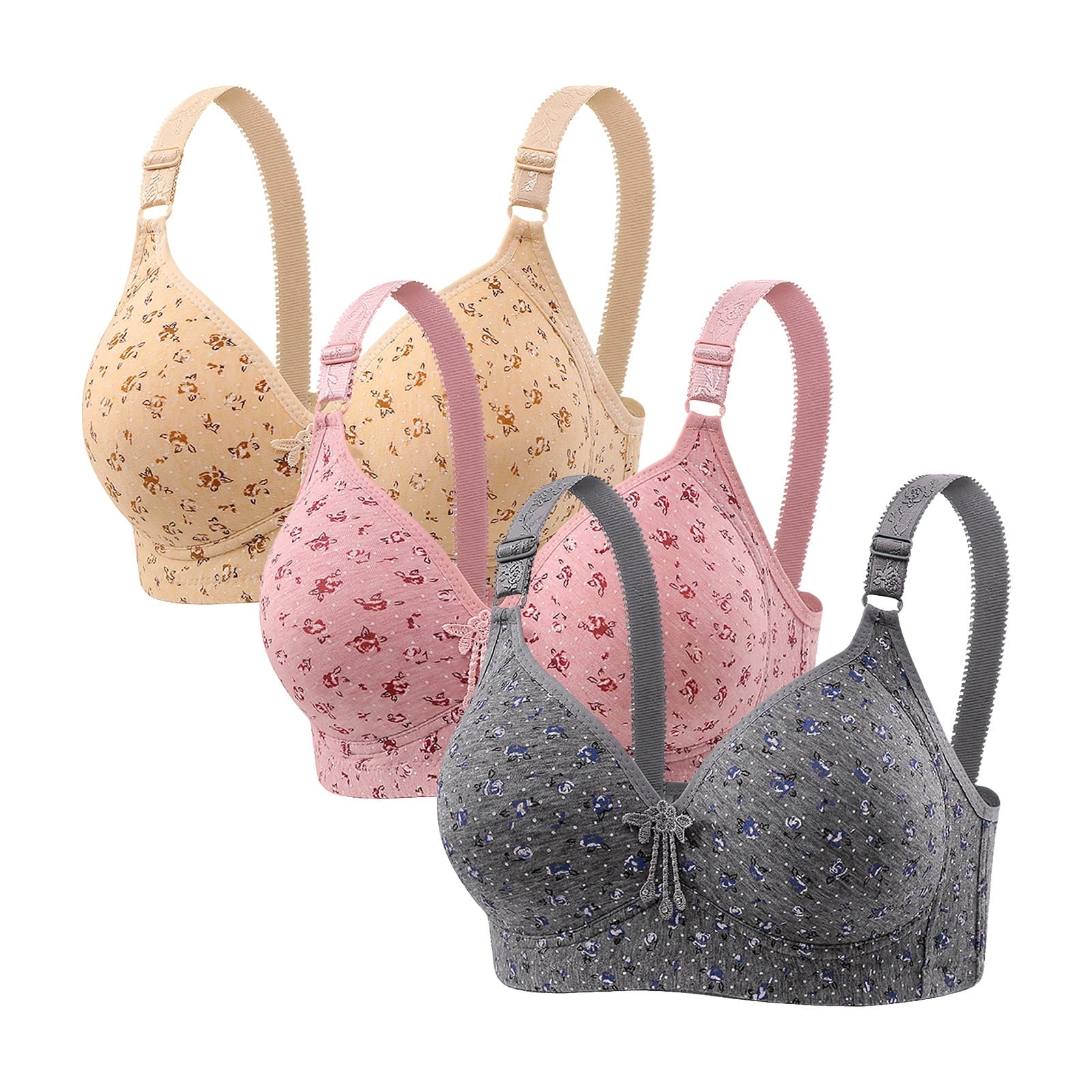 3 Pack Womens Wireless Bras Floral Printed Plus Size Full-Coverage ...
