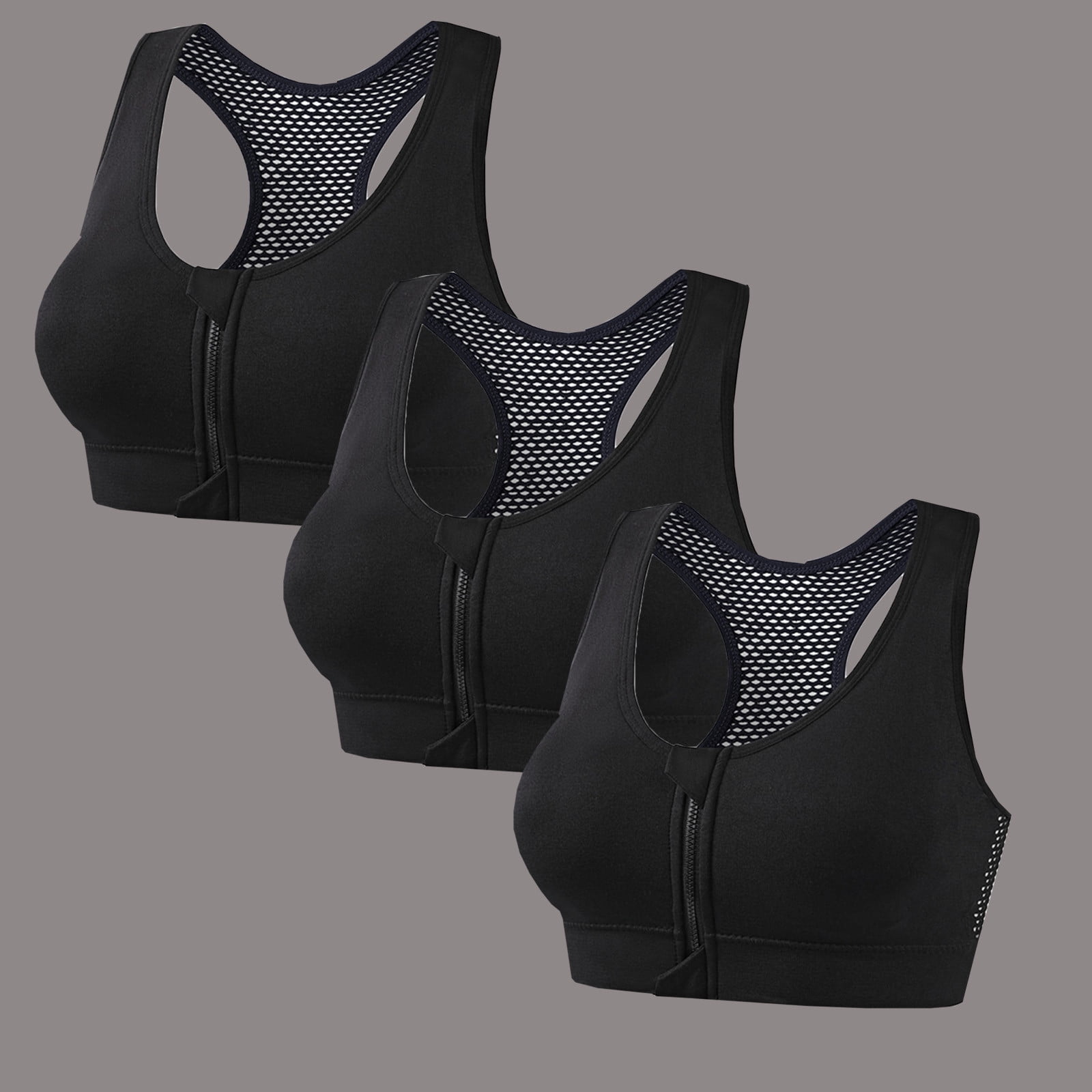 3-Pack Womens Zip Front Sports Bra, Medium Support Wireless Padded ...
