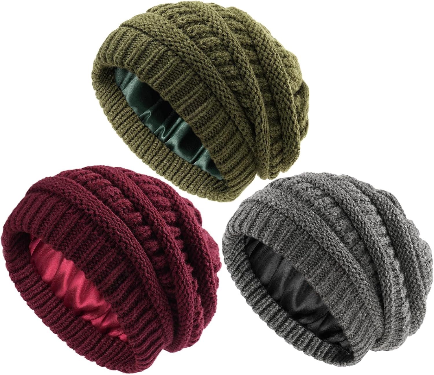 3 Pack Womes Slouchy Winter Beanies Knit Hat Satin Lined Thick Warm ...