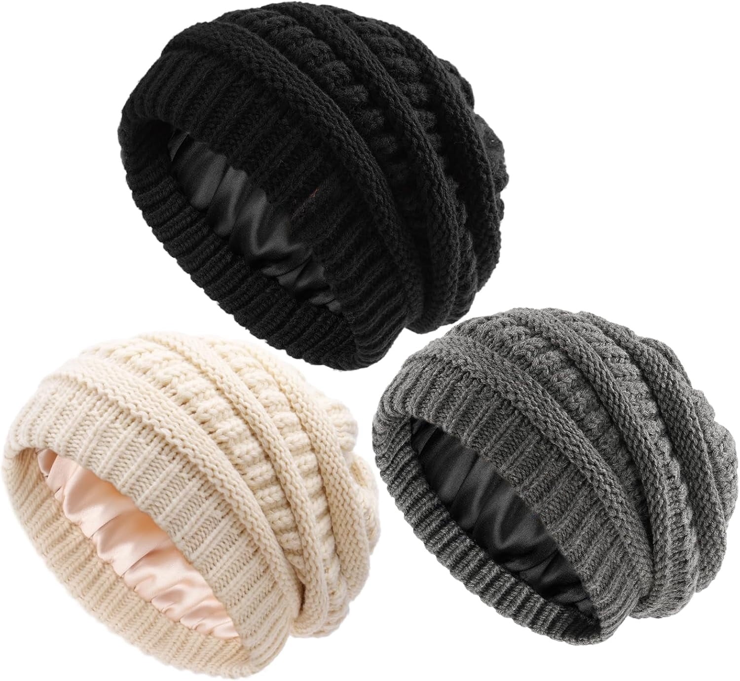 3 Pack Womes Slouchy Winter Beanies Knit Hat Satin Lined Thick Warm ...