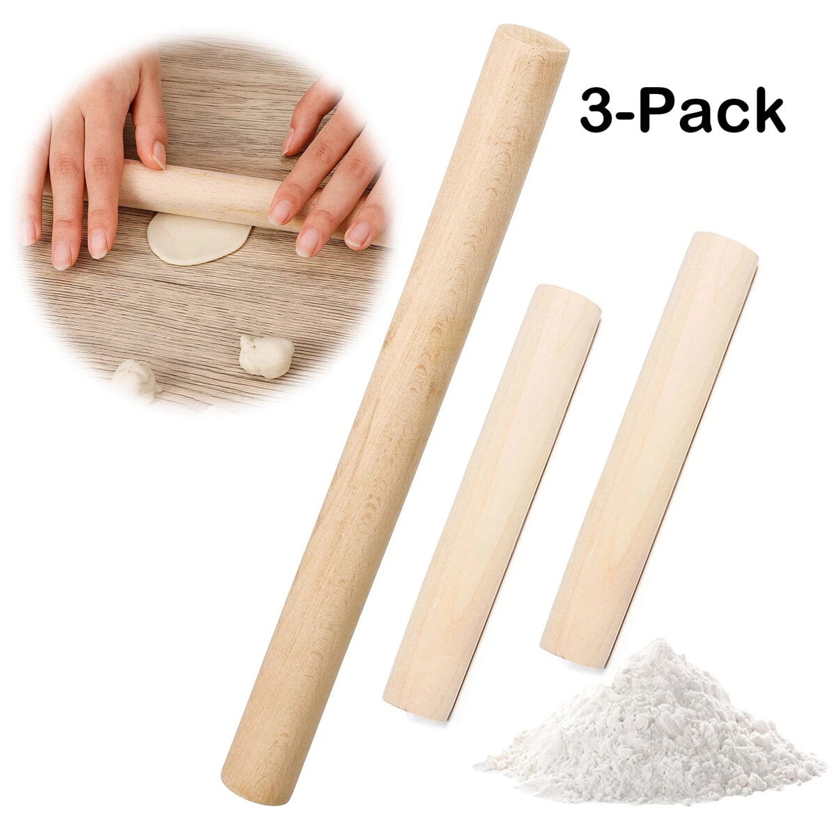 3-Pack Wood Rolling Pin, Wooden Dough Roller Kitchen Tools for Baking ...