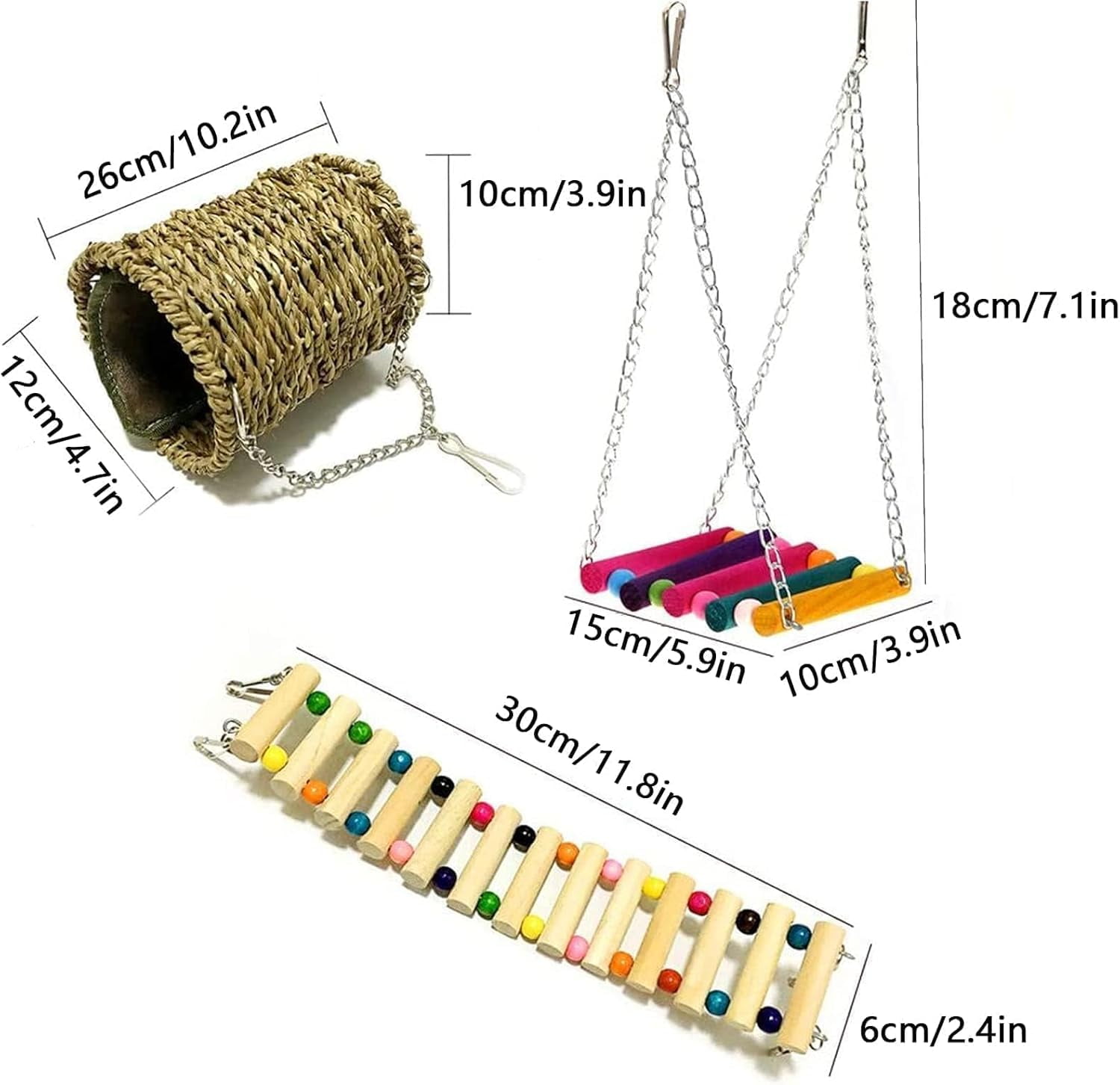 3 Pack Wooden Hamster Toys, Hanging Hammock Basket with Ladder and ...