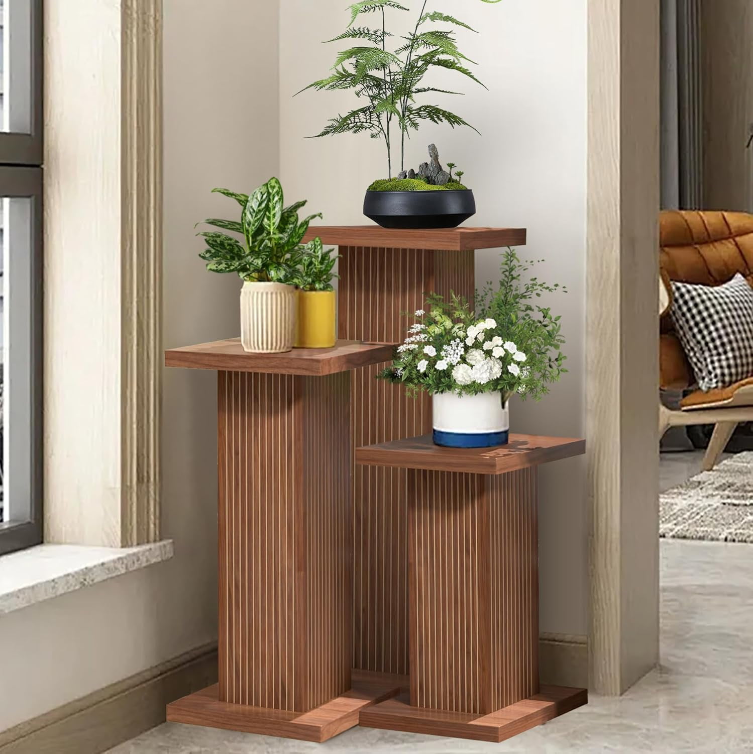 3-Pack Wooden Plant Stands for Indoor Outdoor Plants, Square Pedestal ...