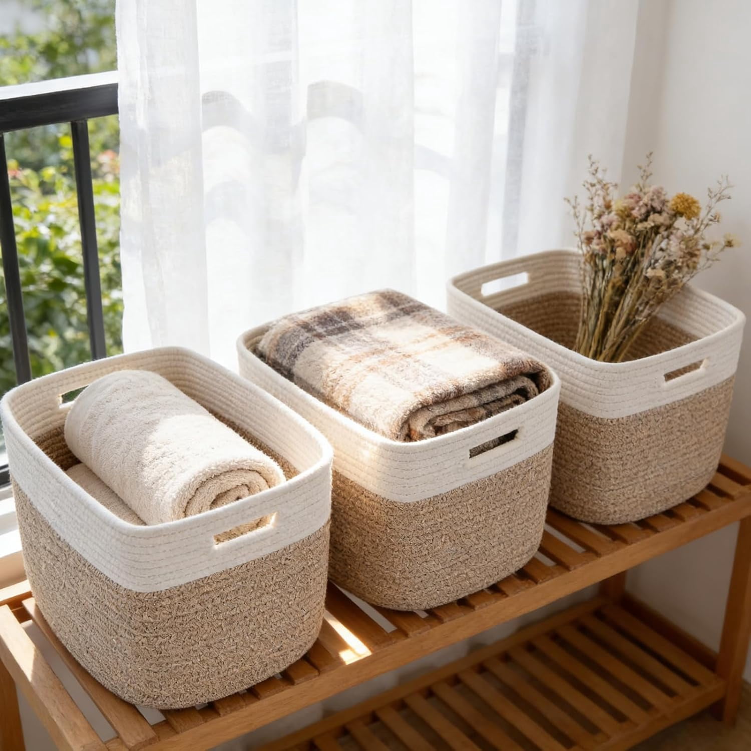 3 Pack Woven Rope Storage Baskets for Shelves,13.5"×11"×9.5" Storage ...