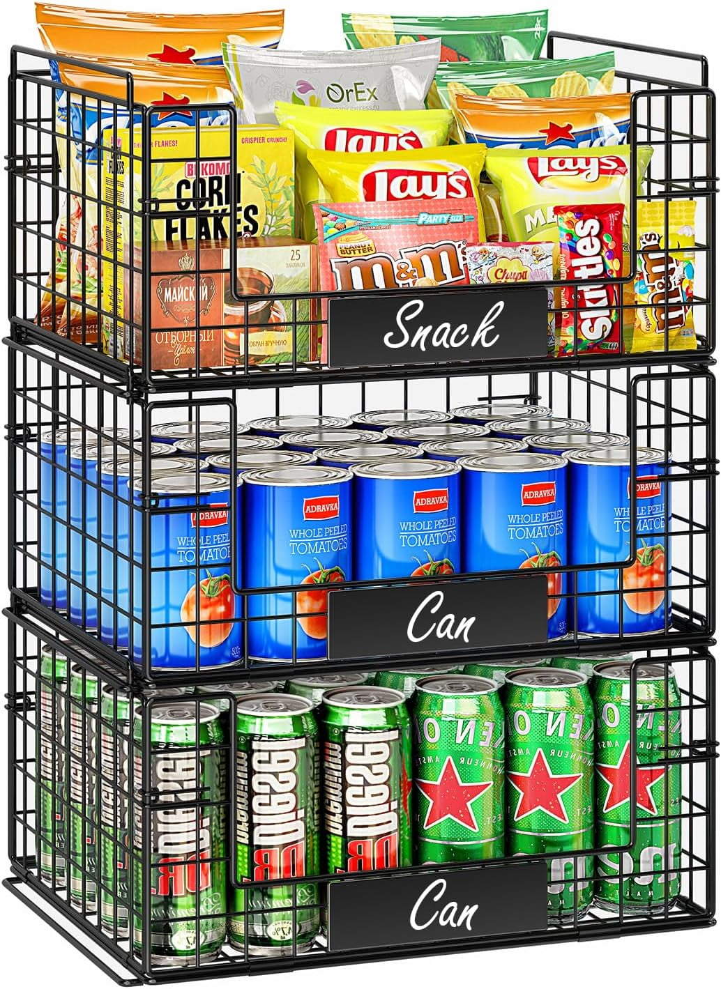 3 Pack XXL Stackable Wire Baskets with Handles for Pantry Storage and ...