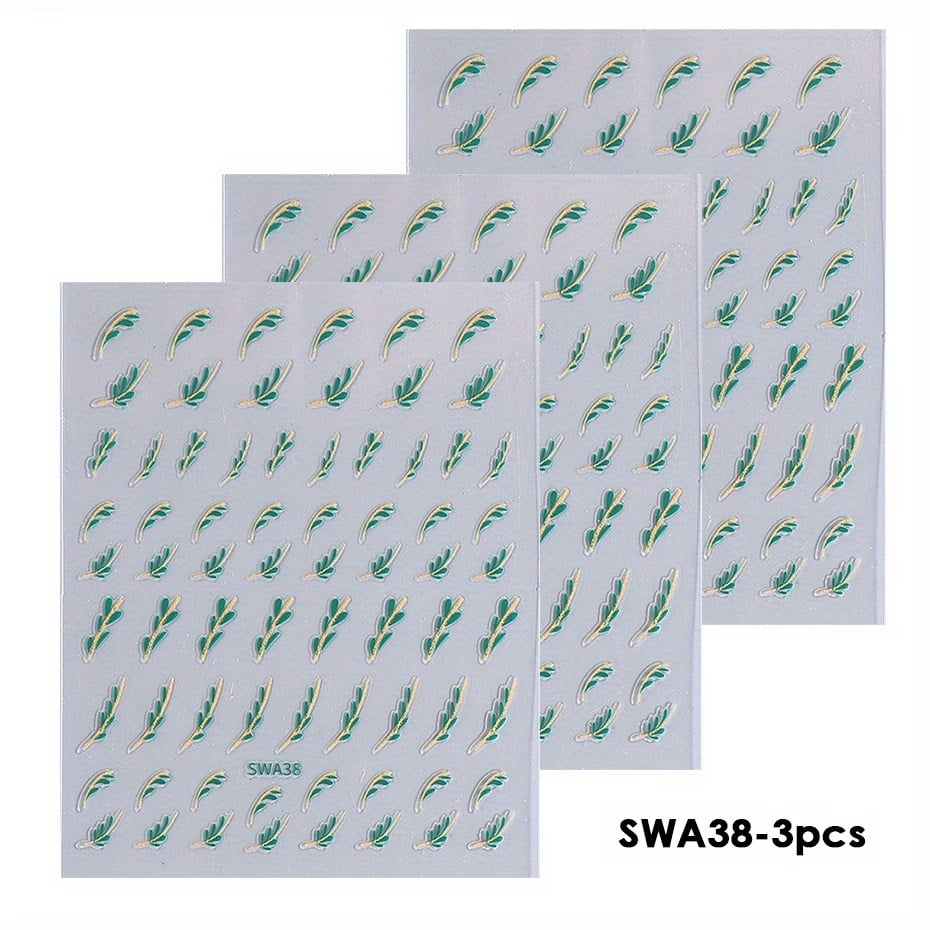 3 Pack of Elegant Green Leaf Glitter Gold Line Stickers for Home and ...