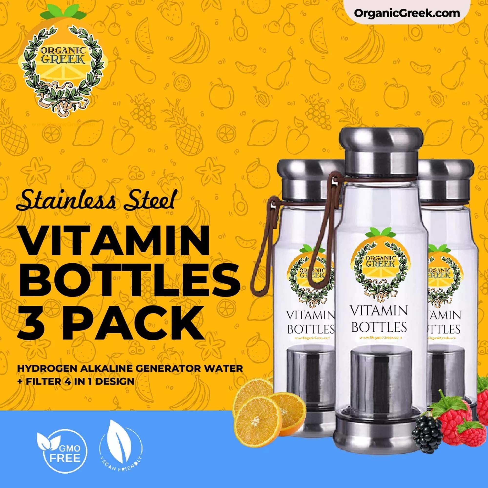 3 Pack of Organic Greek Vitamin Bottles® Hydrogen Alkaline Generator ...