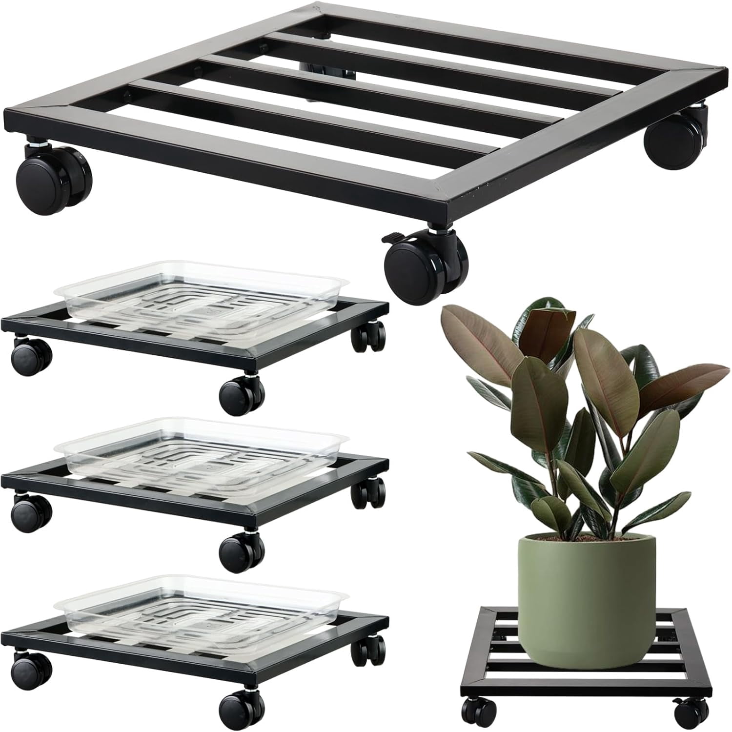 3 Packs 13.6 inches Large Metal Plant Caddy with PU Wheels Square ...