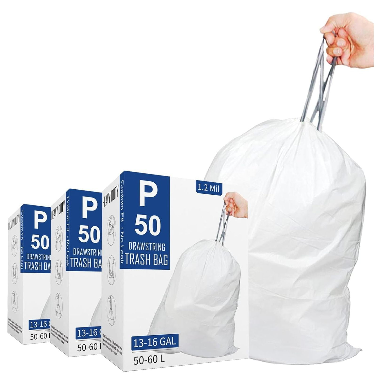 3 Packs(150 Count Total) Code P 13-16 Gallon Heavy Duty Drawstring ...