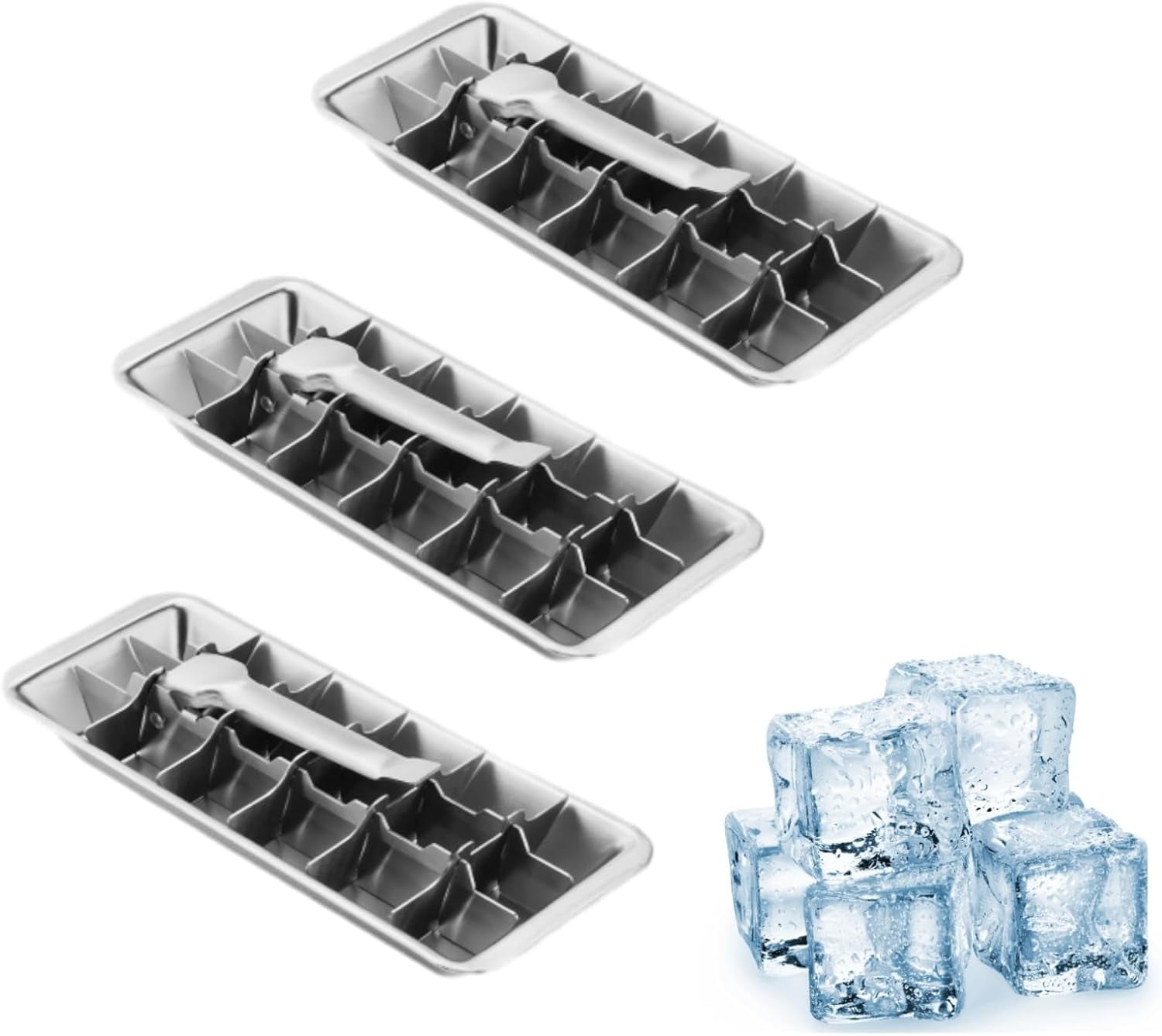 3 Packs 18-Slot Ice Cube Tray with Easy Release Handle Stainless Steel ...