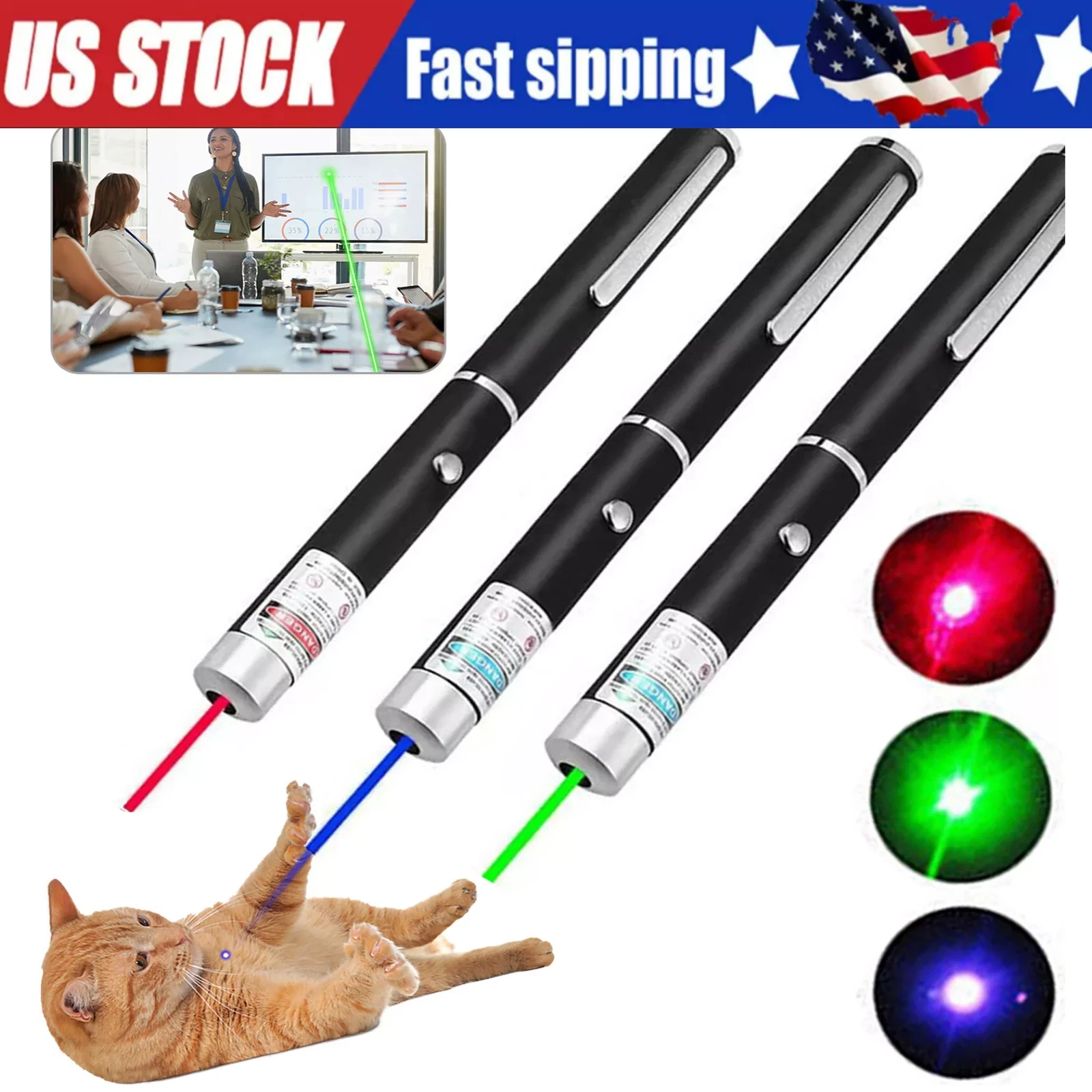 3 Packs 900Mile Laser Pointer Pen Green Blue Red Light Visible Beam ...