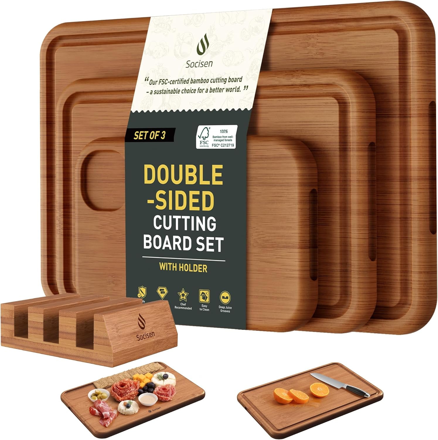 3 Packs Bamboo Cutting Board Set with Holder Nice Solid Thick Wood Deep ...