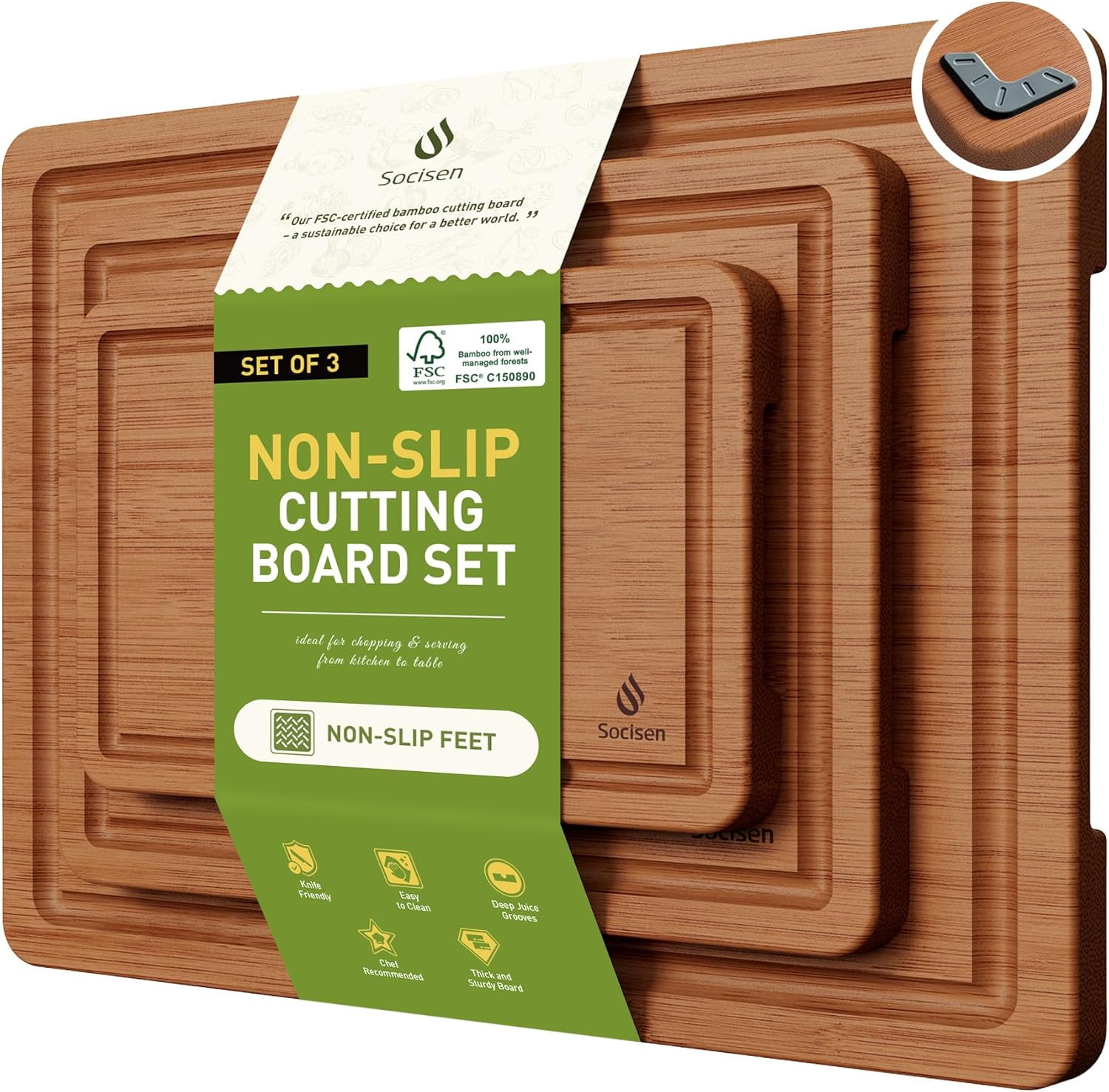 3 Packs Bamboo Cutting Board Set with Non Slip Feet and Over Sink Nice ...