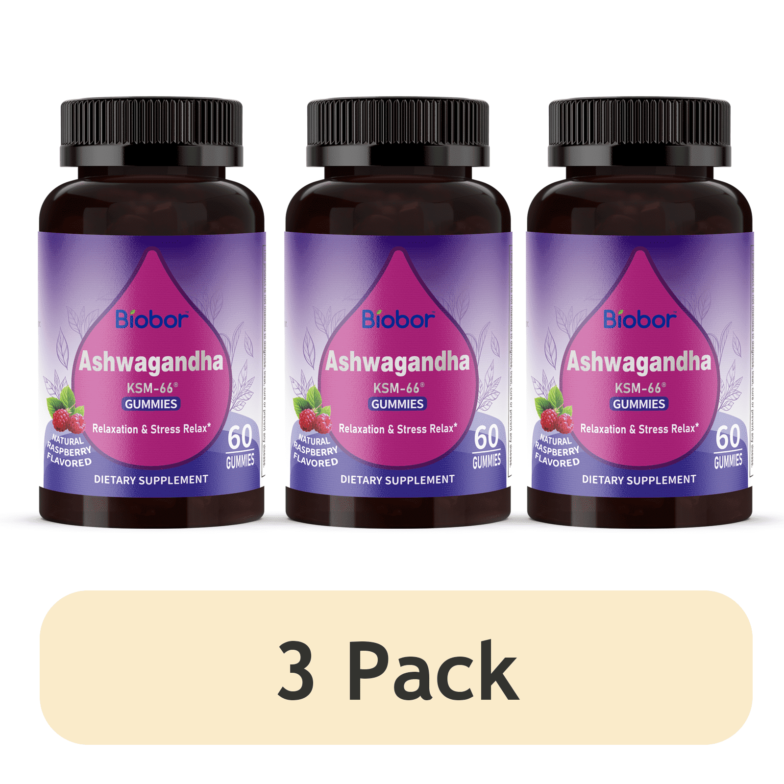 (3 Packs) Biobor Ashwagandha Gummies, KSM-66 Root Extract with Vitamin ...