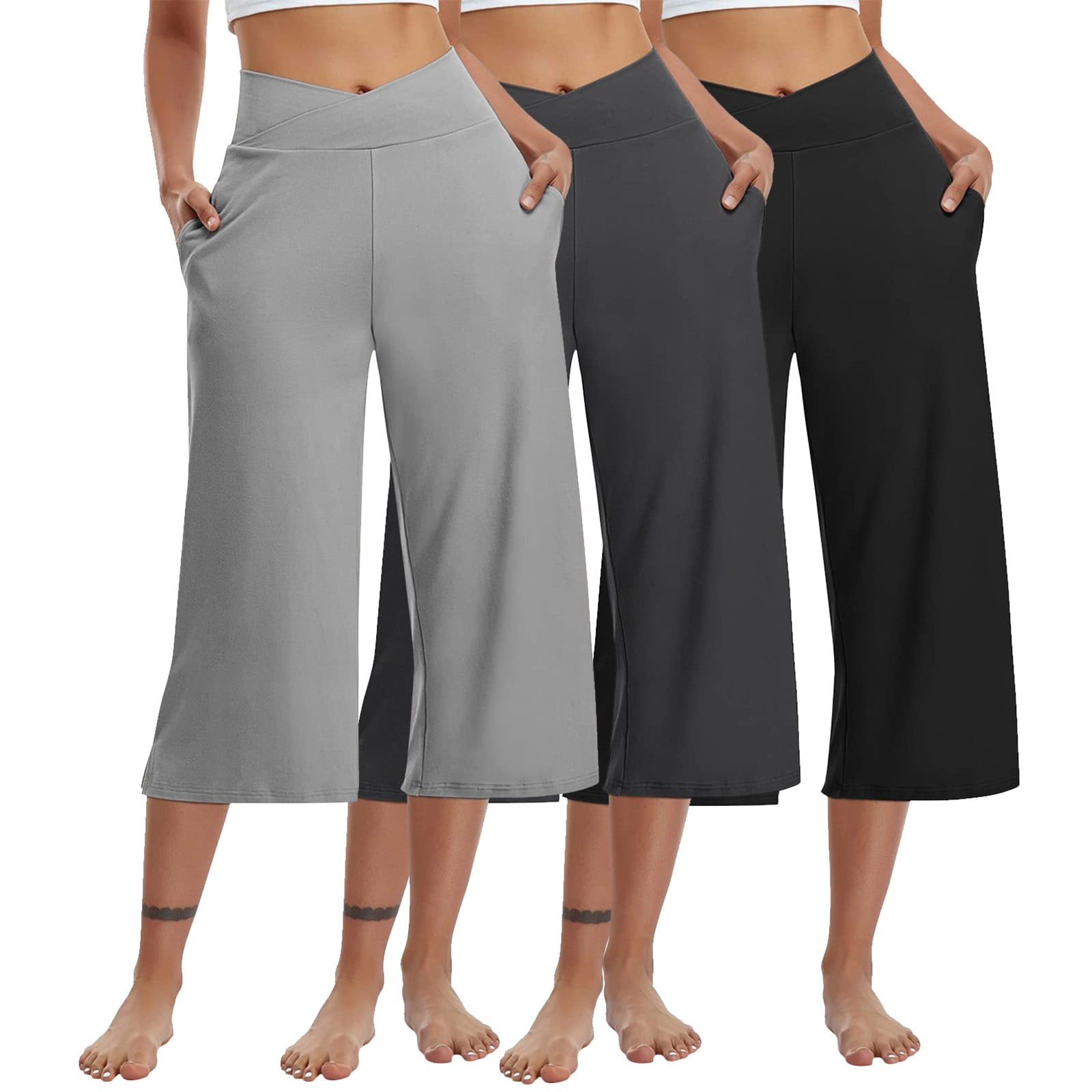 3 Packs Breathable Capris for Women Pajama Length Crossover Low Rise ...