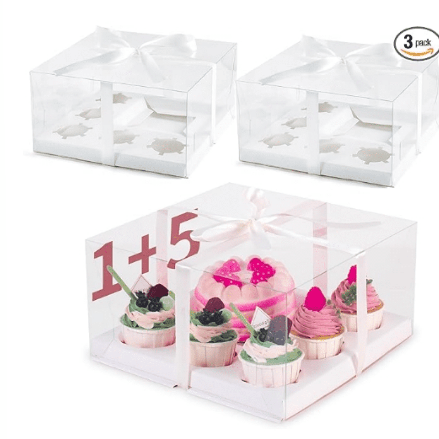 3 Packs Cake Cupcakes Combo Box 1+5 Cupcake Containers with Gift Ribbon ...
