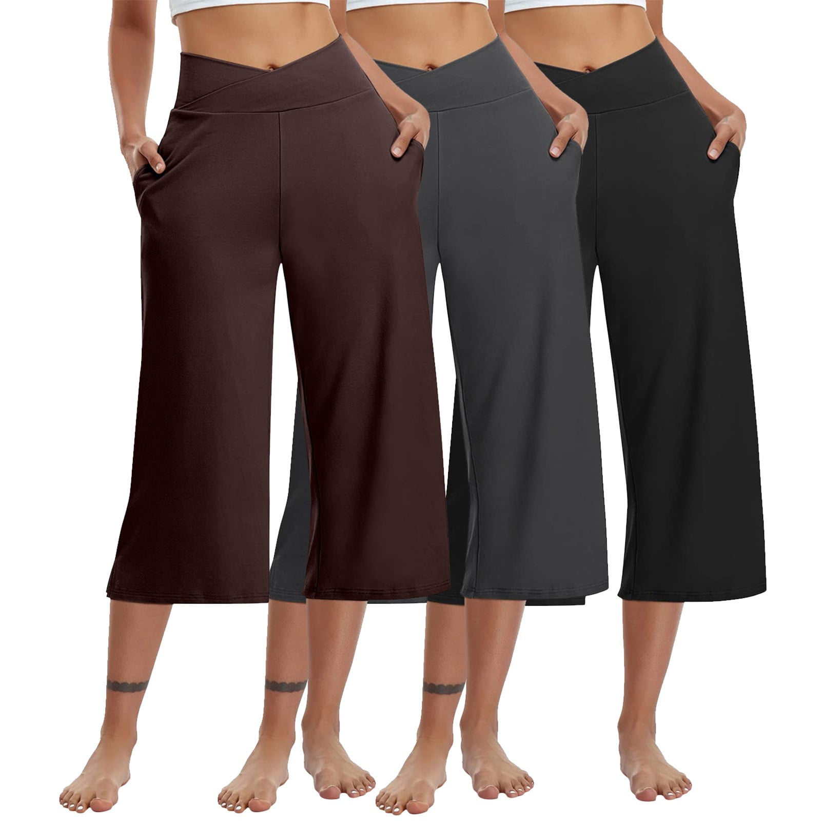 3 Packs Capri Pants for Women Flared Short Wide Leg Elastic Waist Low ...
