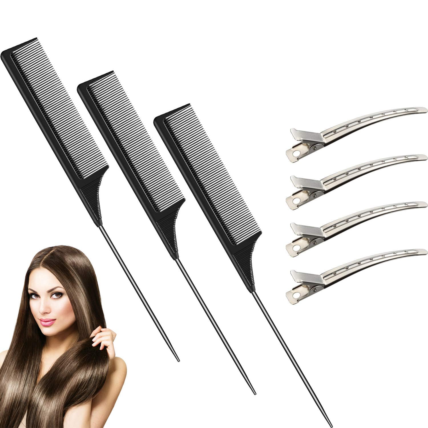 3 Packs Carbon Tail Comb Fiber Teasing Combs Rat Tail Comb Stainless ...