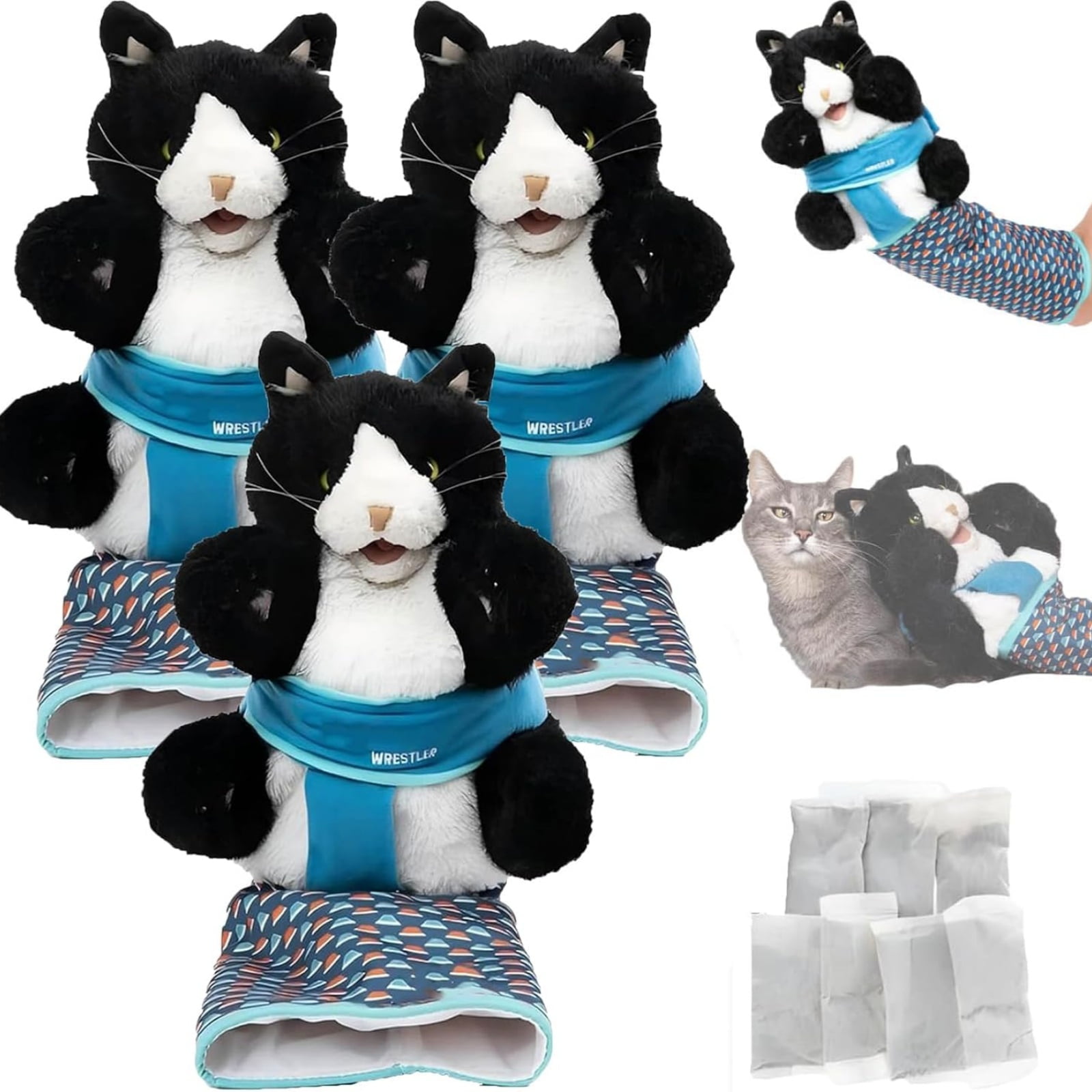 3 Packs Cat Wrestling Toy Puppet for Cats, Plush Hand Puppet with Tough ...