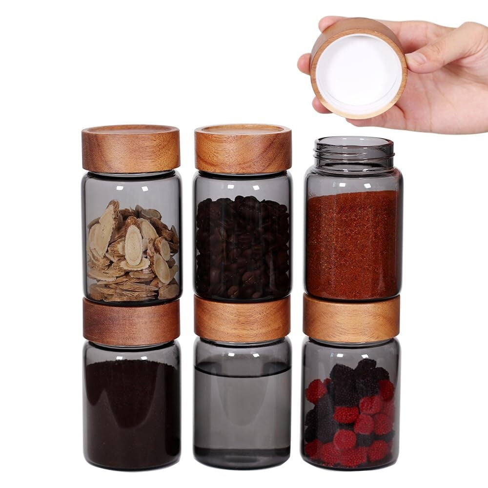 3 Packs Glass Food Storage Jars with Screw Airtight Seal Acacia Wood ...