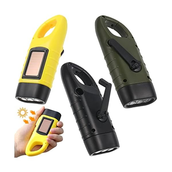 3 Packs Hand Crank Solar Powered Flashlight Rechargeable LED Flashlight Emergency Self Powered ...