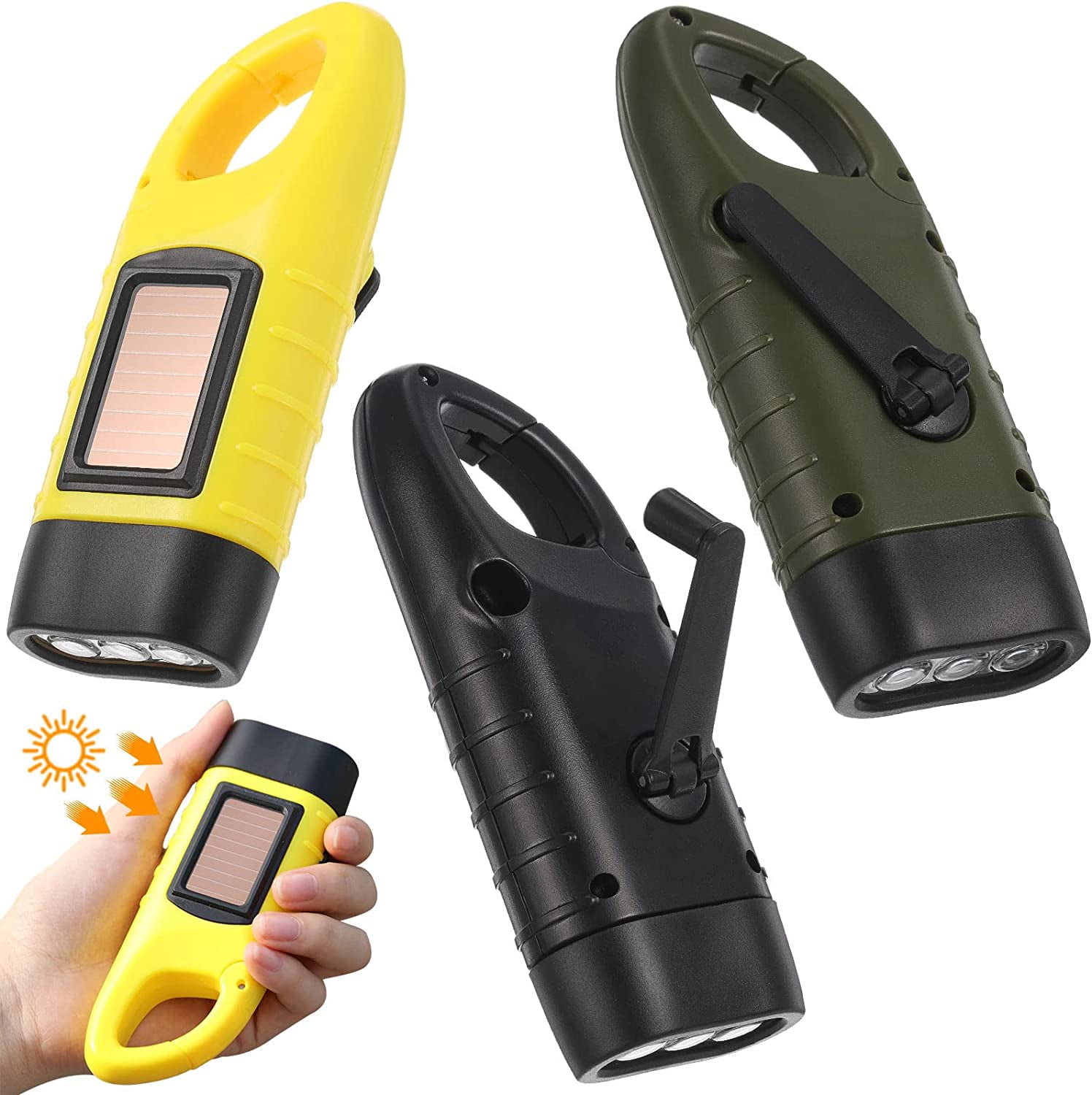 3 Packs Hand Crank Solar Powered Flashlight Rechargeable LED Flashlight ...