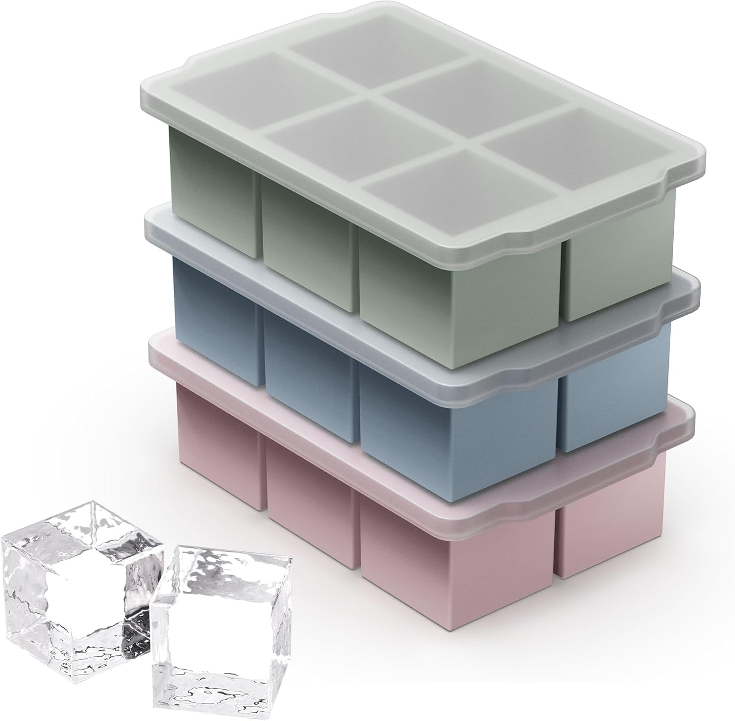 3 Packs Large Ice Cube Molds with Stackable Lid,Silicone Ice Cube Tray ...