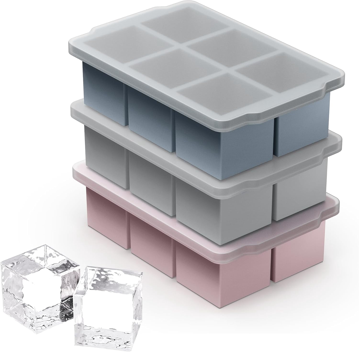 3 Packs Large Ice Cube Molds with Stackable Lid,Silicone Ice Cube Tray ...