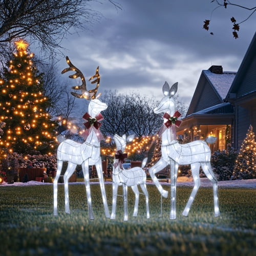 3 Packs Large Lighted Christmas Deer Family Set with Bows Warm White ...