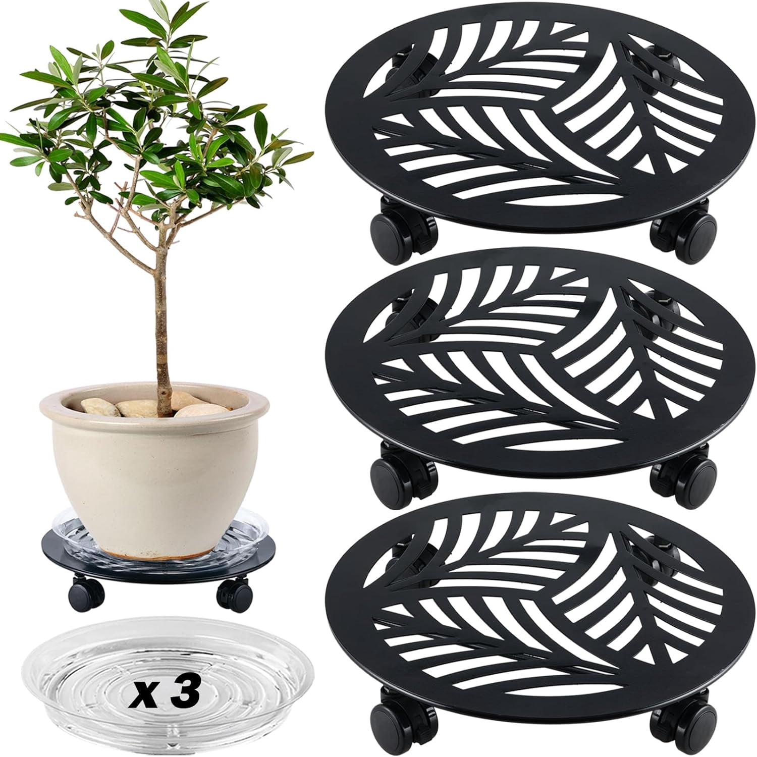 3 Packs Large Metal Plant Caddy with PU Wheels 13.6" Heavy-duty Wrought ...