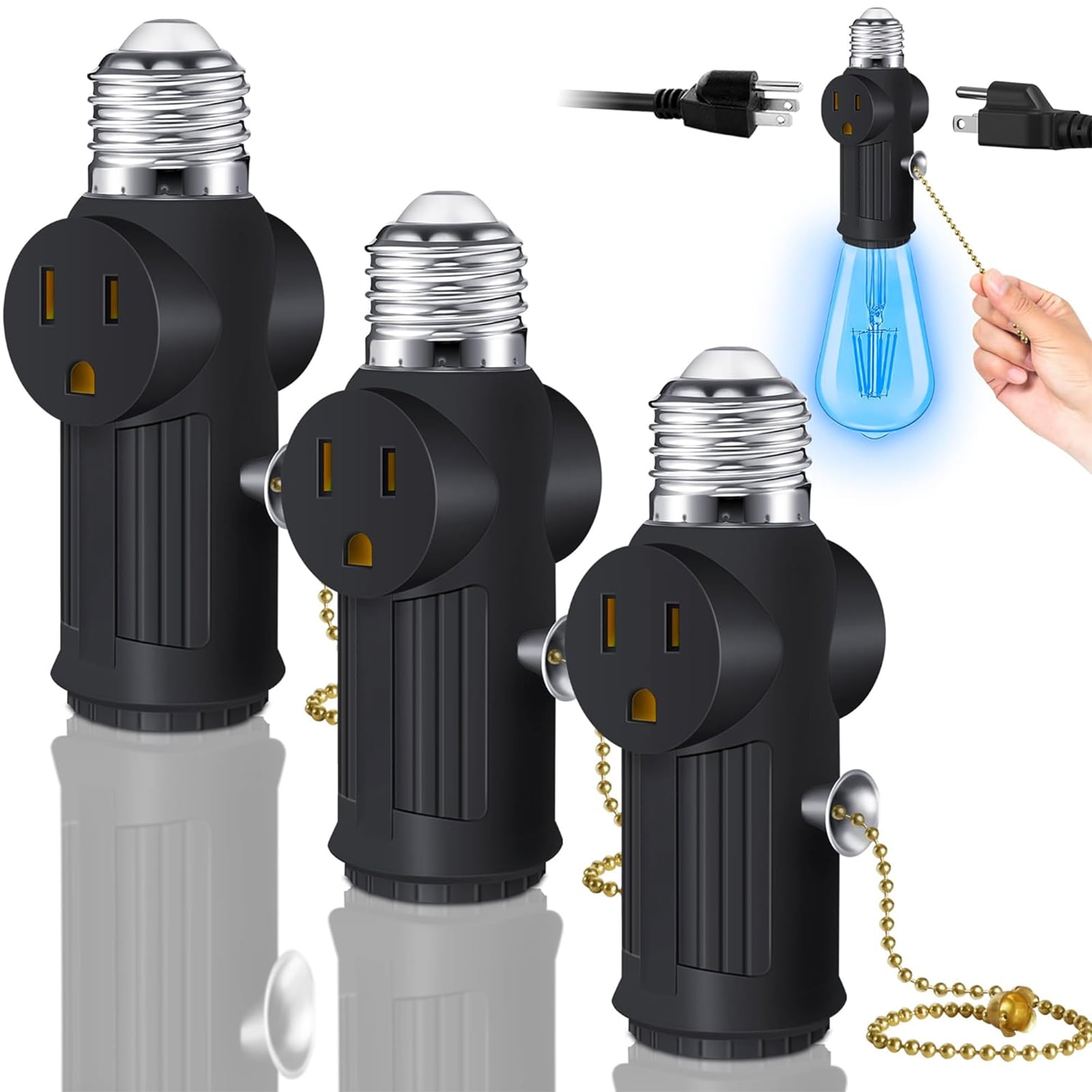 3 Packs Light Socket to Plug Adapter, Both Sides Support 3 Prong Light ...