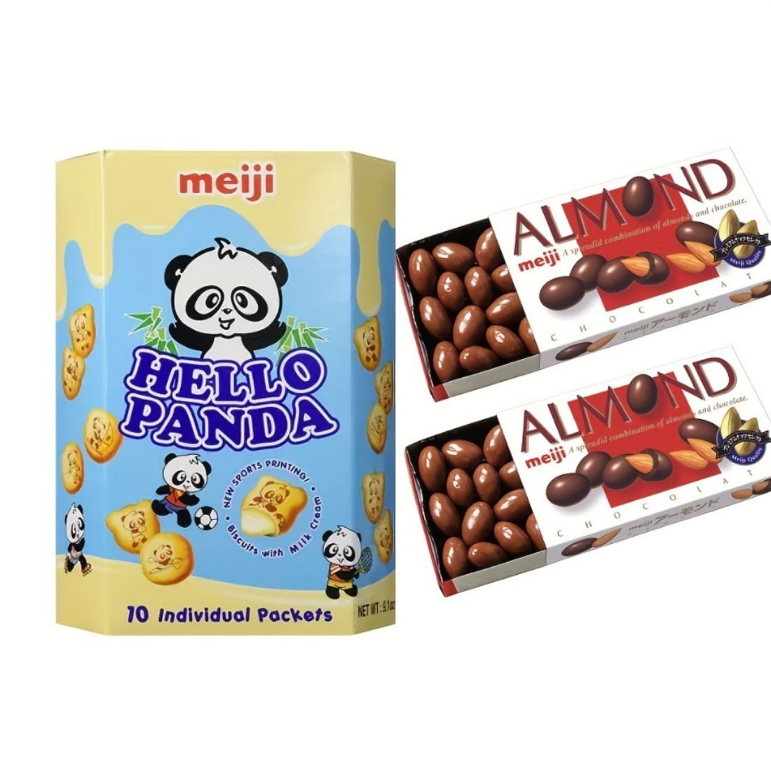 3 Packs, Meiji, 1 Pack Milk Flavored Hallo Panda 9.1 Oz, 2 Packs Chocolate Almond 3.1 Oz ...