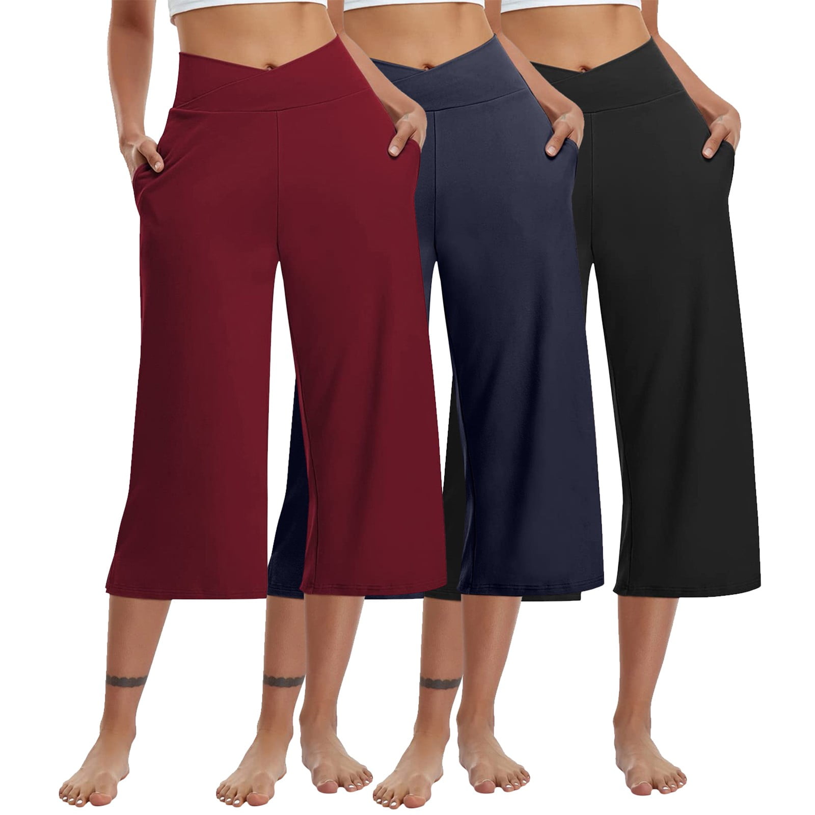 3 Packs Petite Capris for Women Athletic Length Elastic Waist Low Rise ...