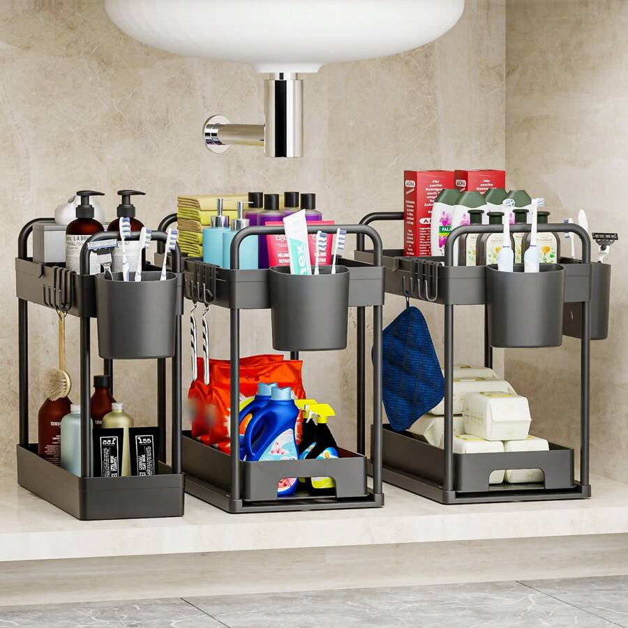 3 Packs Under Sink Organizers And Storage With Dividers,2-Tier Bathroom ...