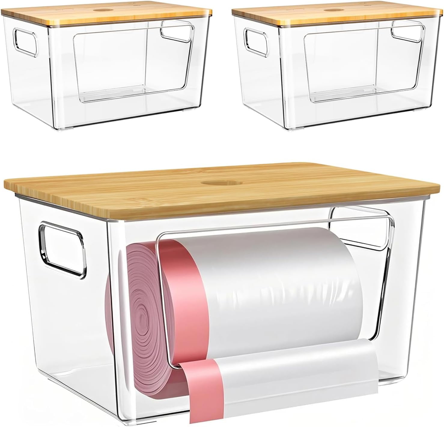 3 Packs Trash Bag Holder,Stackable Trash Bags Dispenser with Bamboo Lid ...