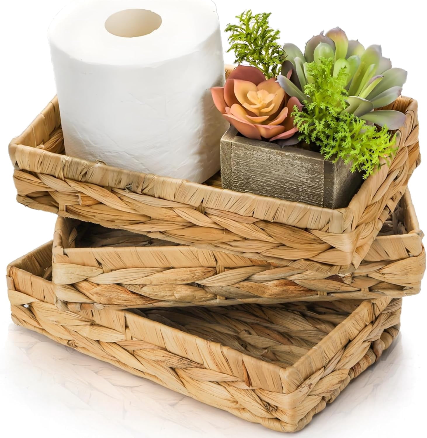 3 Packs Wicker Storage Trays, 10" Rattan Vanity Trays, Handwoven Toilet ...