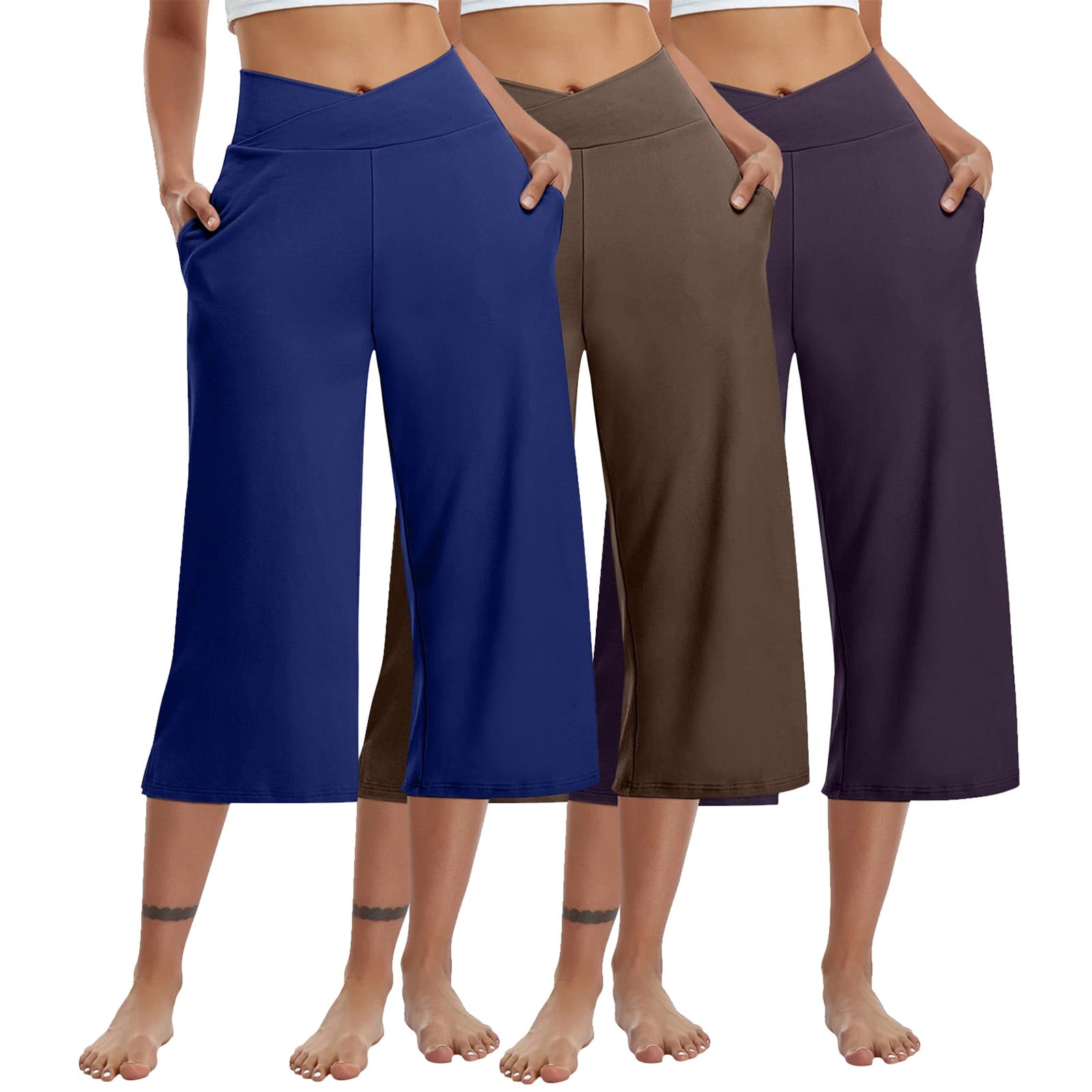 3 Packs Women Cropped Pants Capris Wide Leg Elastic Waist Crossover ...