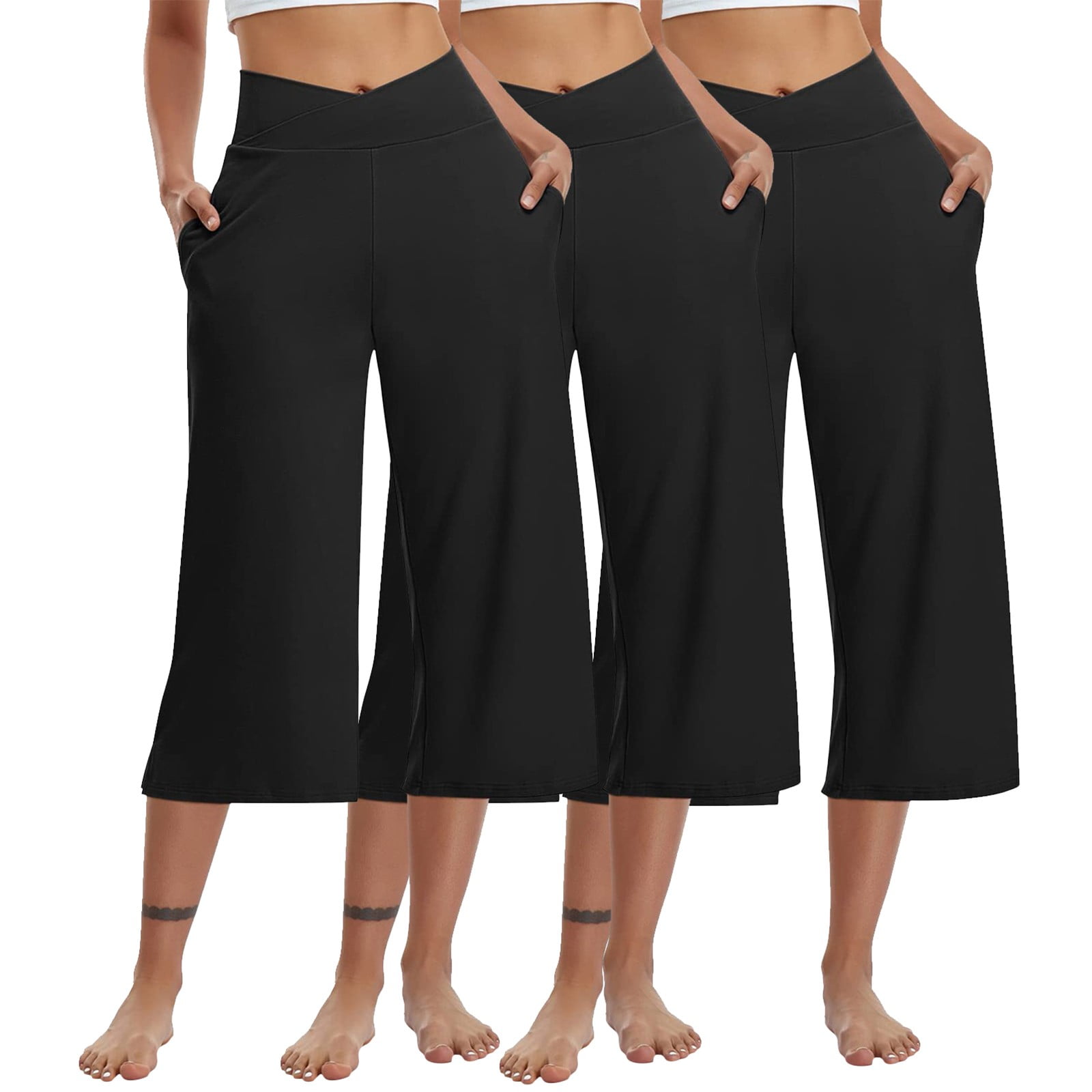 3 Packs Women Running Capri Pants Low Rise Wide Leg Elastic Waist ...